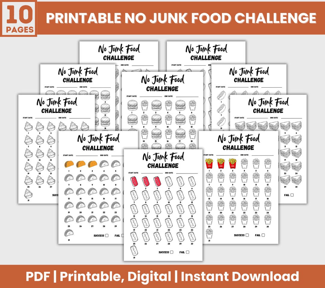 No Junk Food 30 Days Challenge Printable, Clean Eating Meal Plan, Food ...