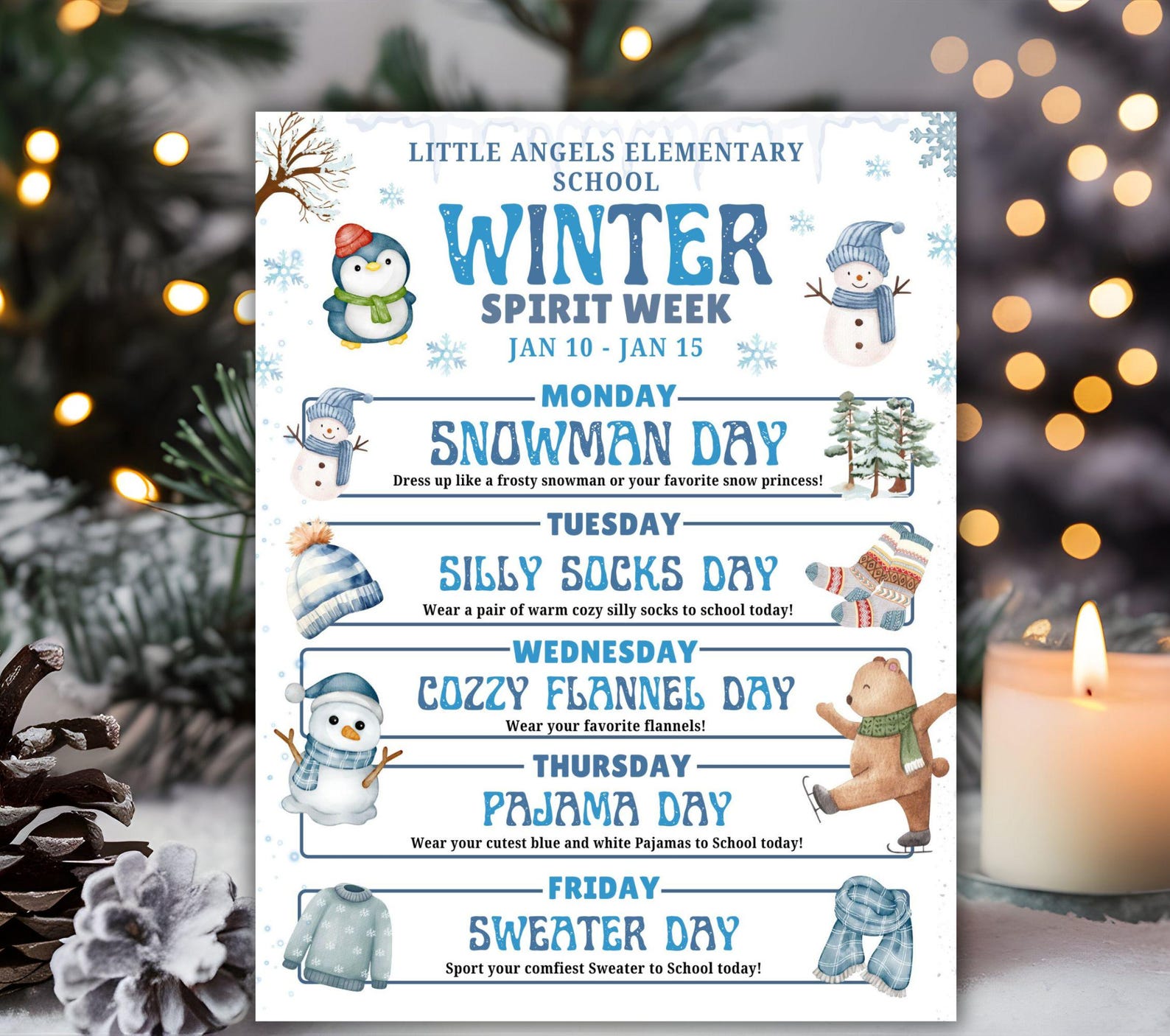 Winter School Spirit Week Flyer Editable, Winter Itinerary Schedule ...