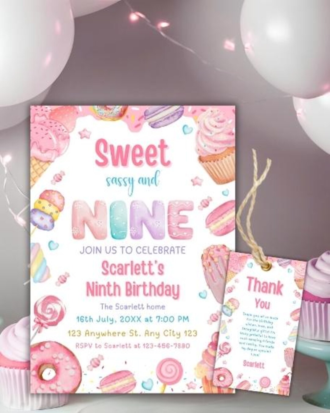Editable Sweet Sassy and Nine Birthday Invitation, Nine Years Dessert ...