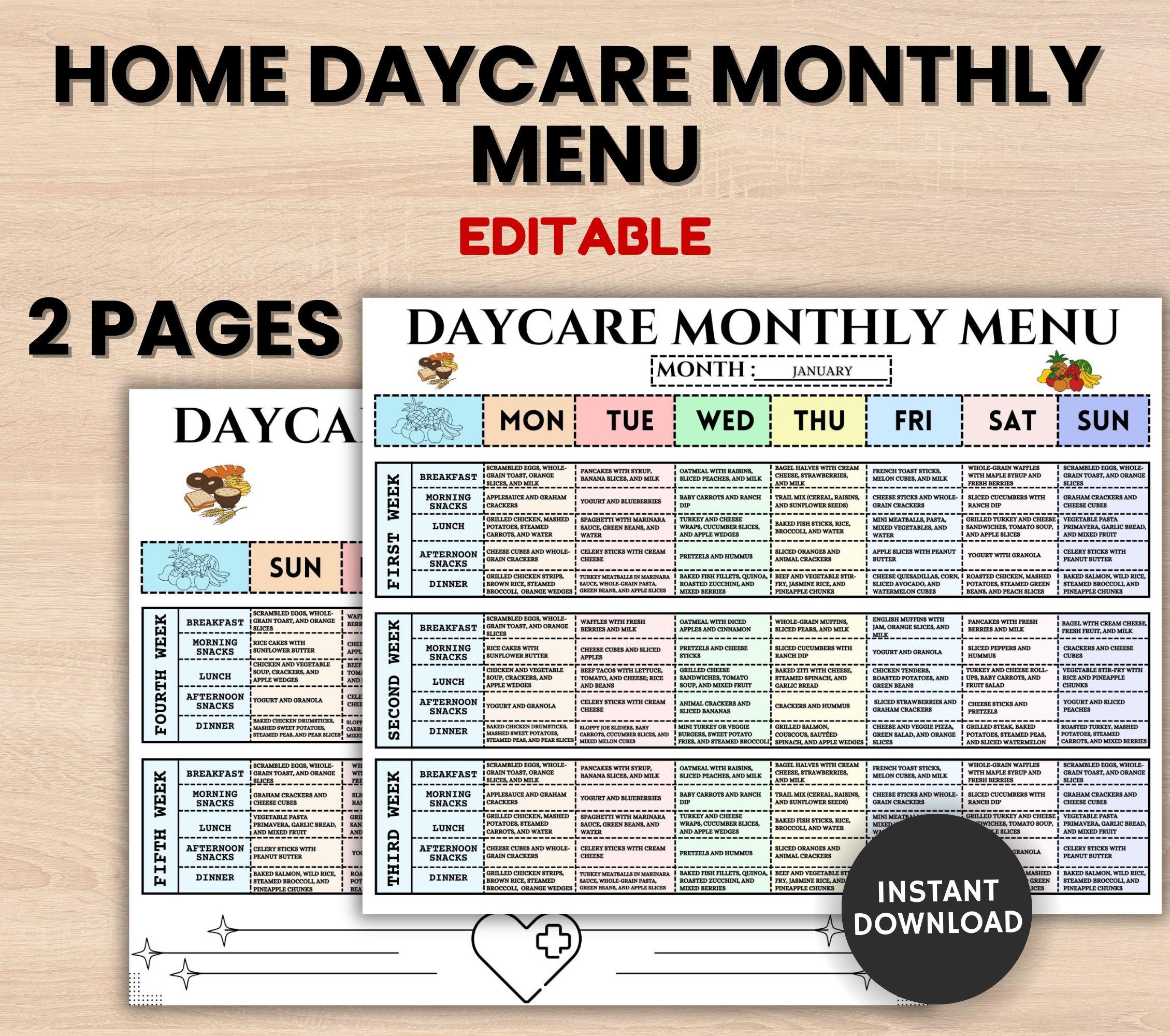 Editable Home School Meal Planner, Home Daycare Weekly Menu Editable ...