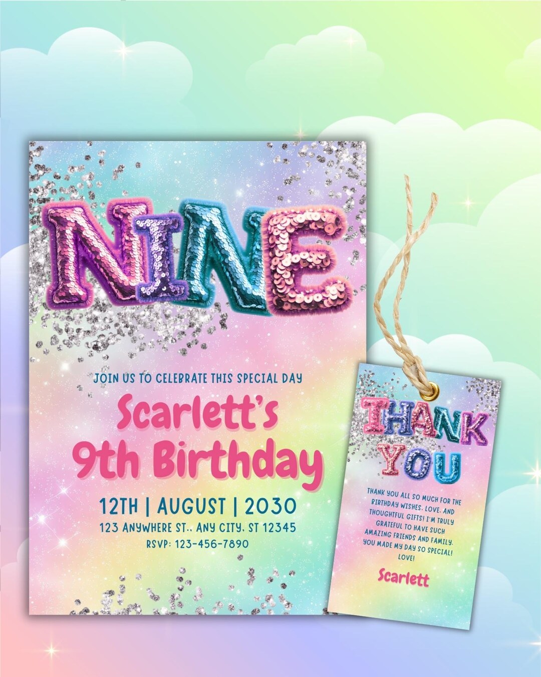 Editable 9th Birthday Girl Invite, Rainbow Sequin Glitter Invite, Pink ...