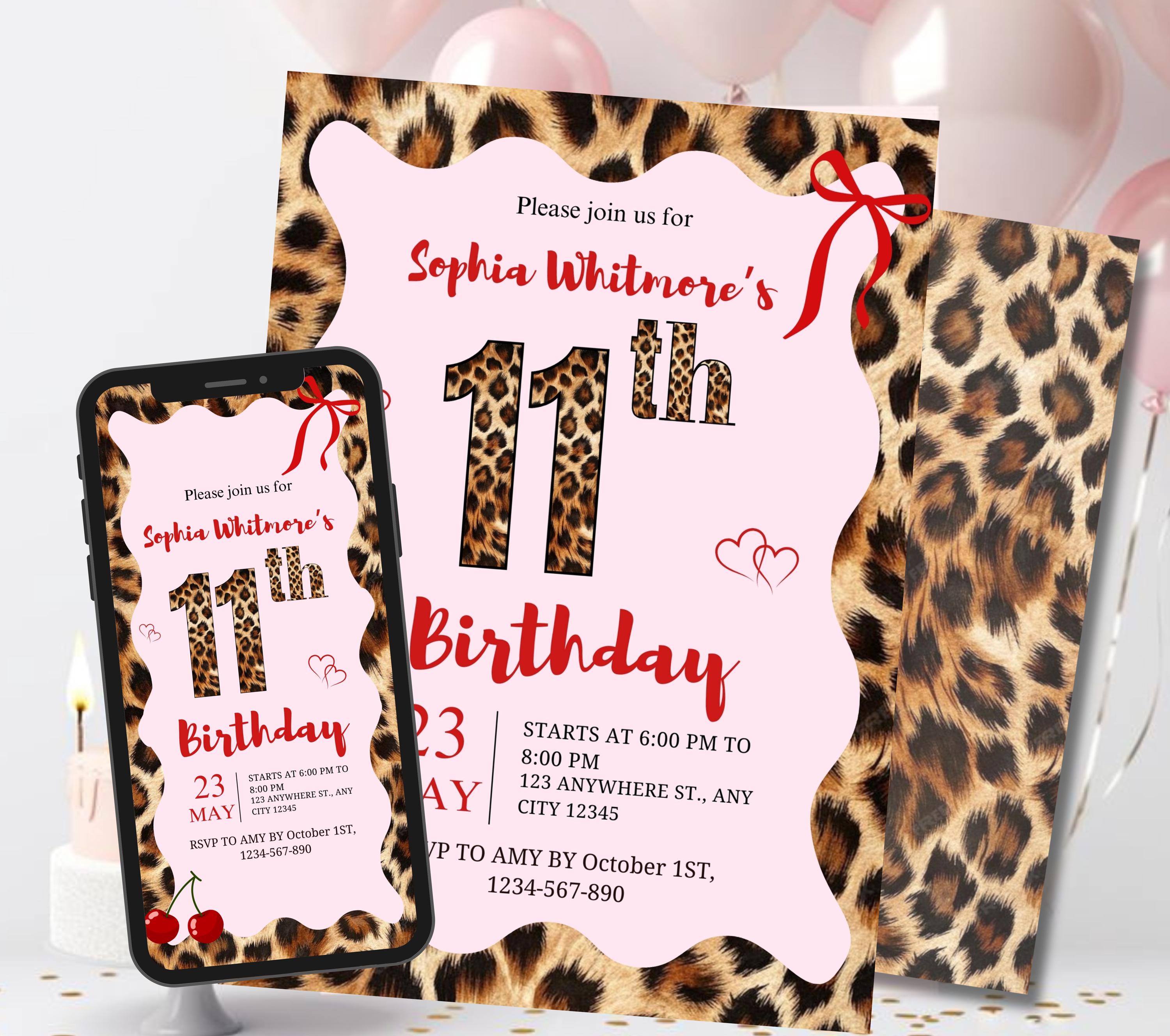 Digital 11th Cheetah Theme Birthday Invitation, Leopard Birthday Invite ...