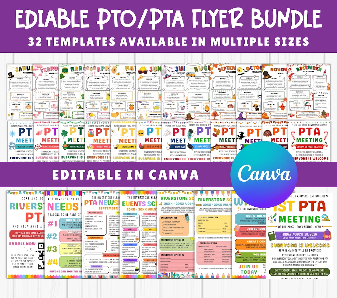 Editable PTO PTA Flyer Bundle, School Newsletter Templates (canva) - Etsy