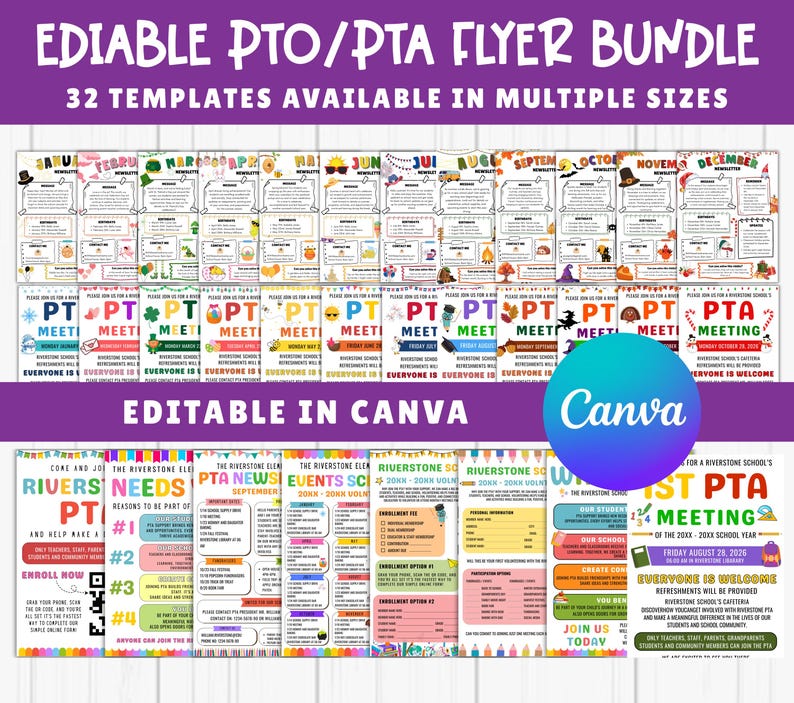 Editable PTO PTA Flyer Bundle, School Newsletter Templates (canva) - Etsy
