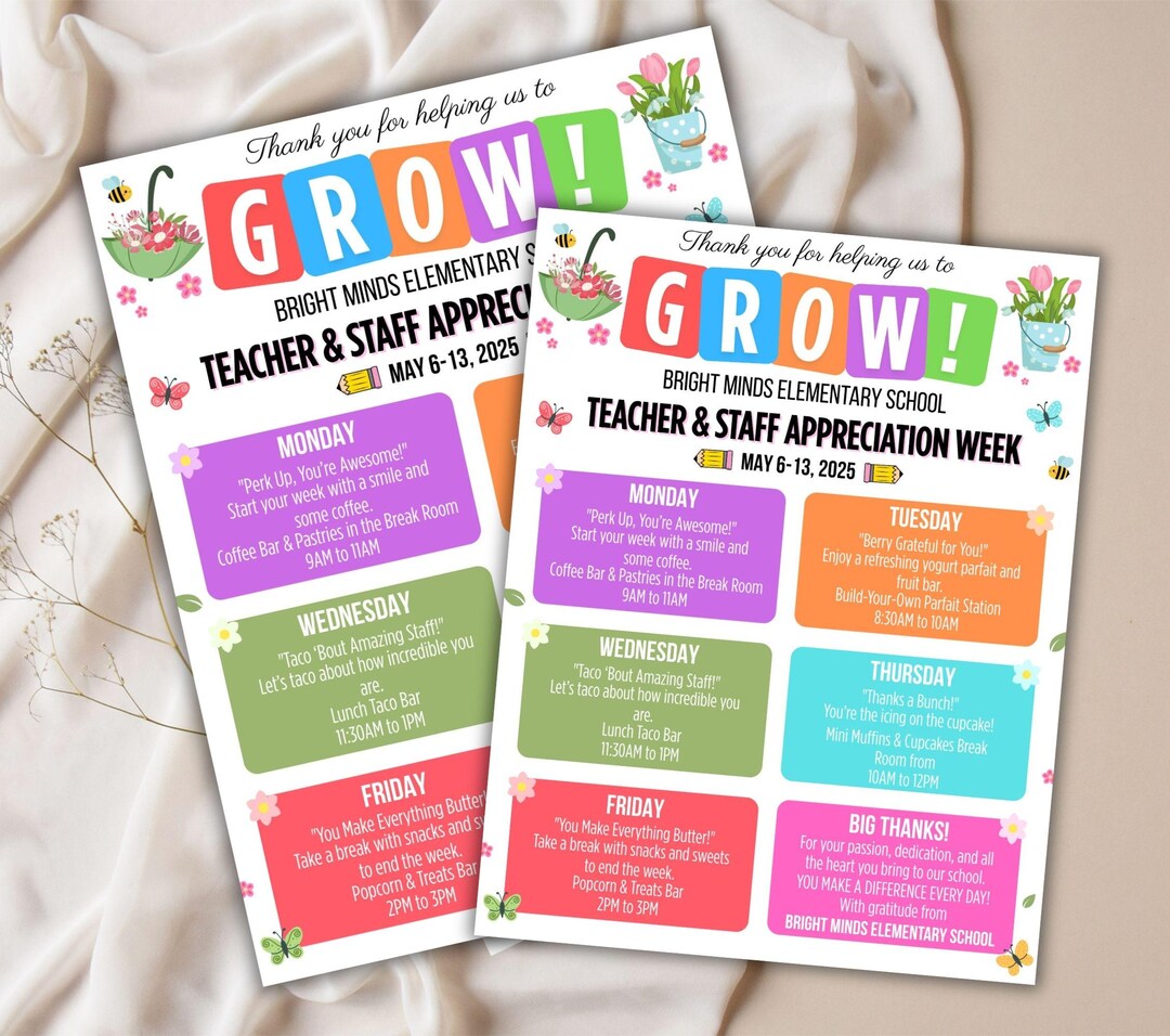 Editable Teacher Appreciation Week Itinerary Poster Template, Spring ...