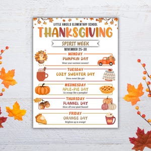 November School Spirit Week Itinerary Schedule, Editable Thanksgiving ...