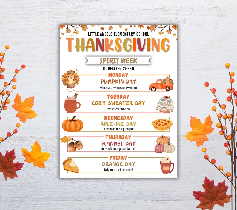 November School Spirit Week Itinerary Schedule, Editable Thanksgiving ...