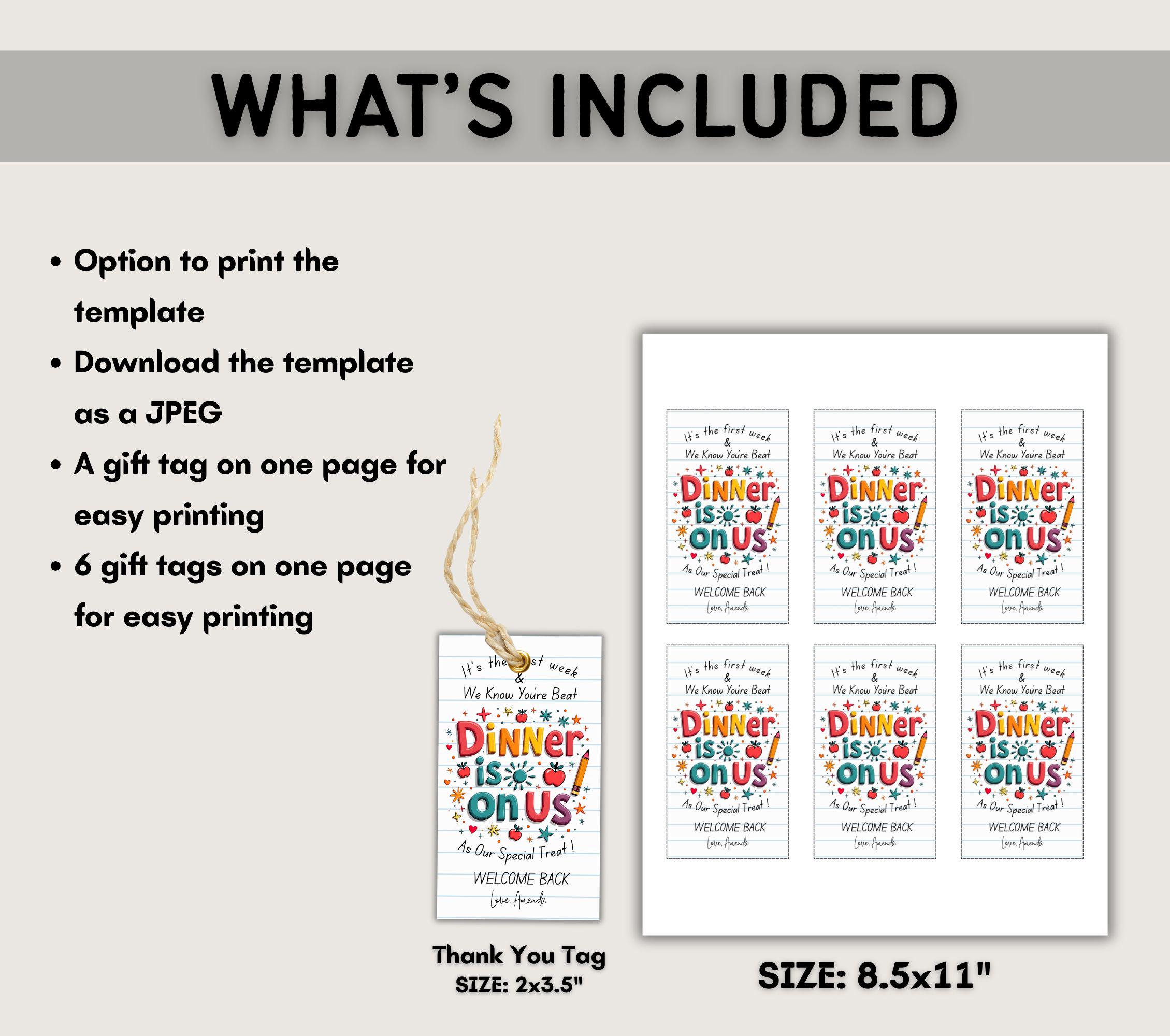 Dinner is on Us Teacher Appreciation Gift Tag Template, Printable First ...