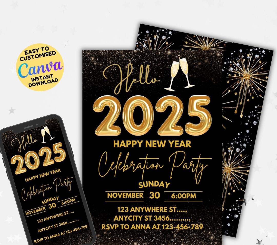 Editable New Year Party Invitation, 2025 Party Invitation, New Year Eve ...