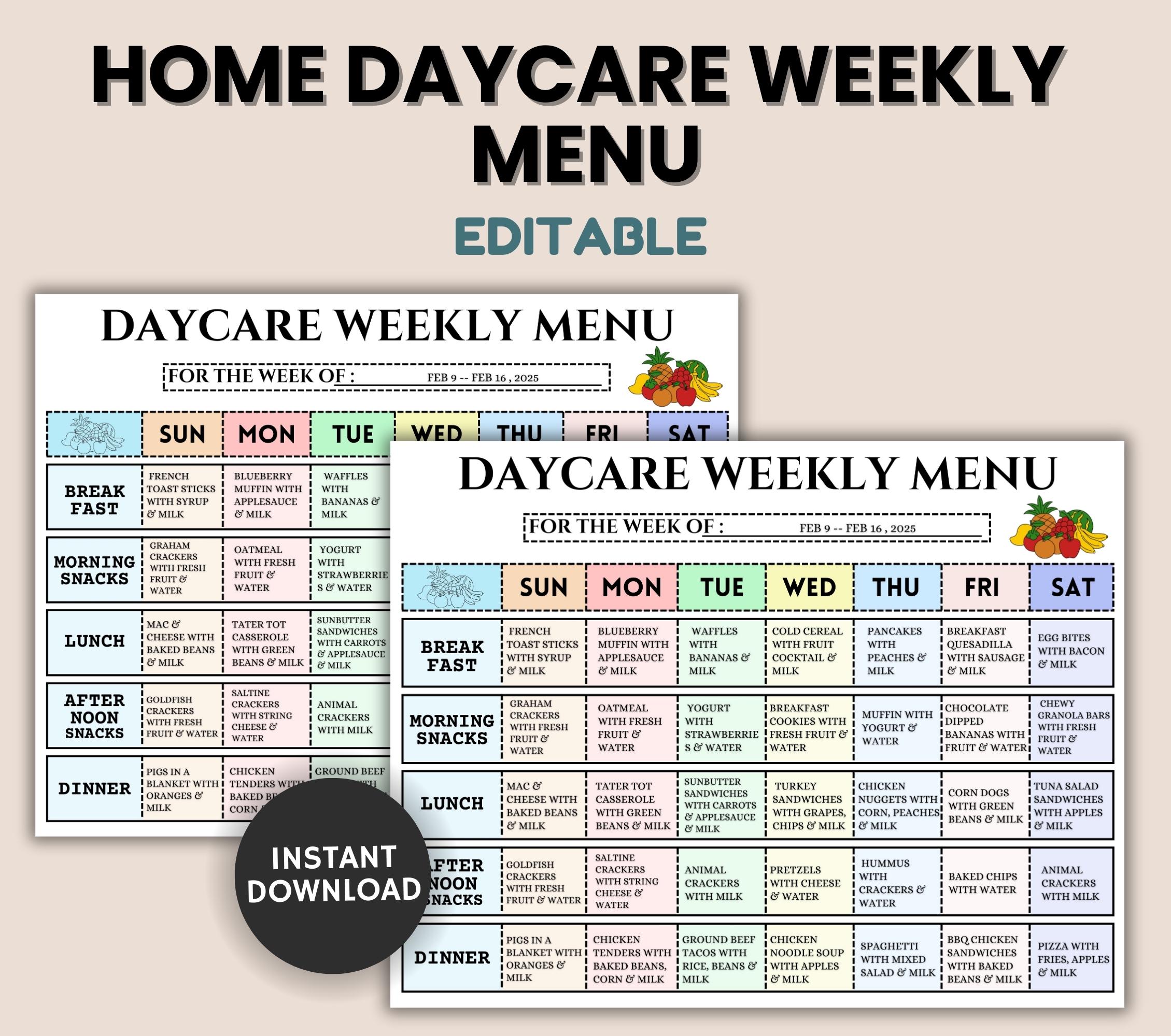 Home Daycare Weekly Menu Editable, Preschool Menu, Home School Meal ...