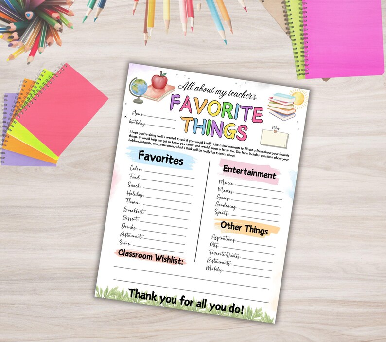 Teacher Favorite Things Questionnaire, Printable Teacher Survey ...