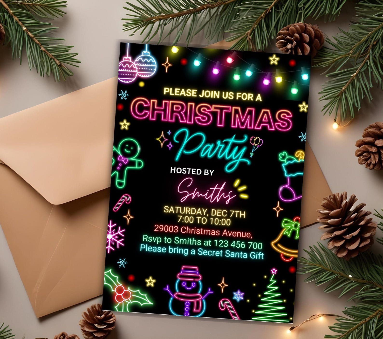 Editable Neon Christmas Party Invitation Template, Glow in the Dark ...