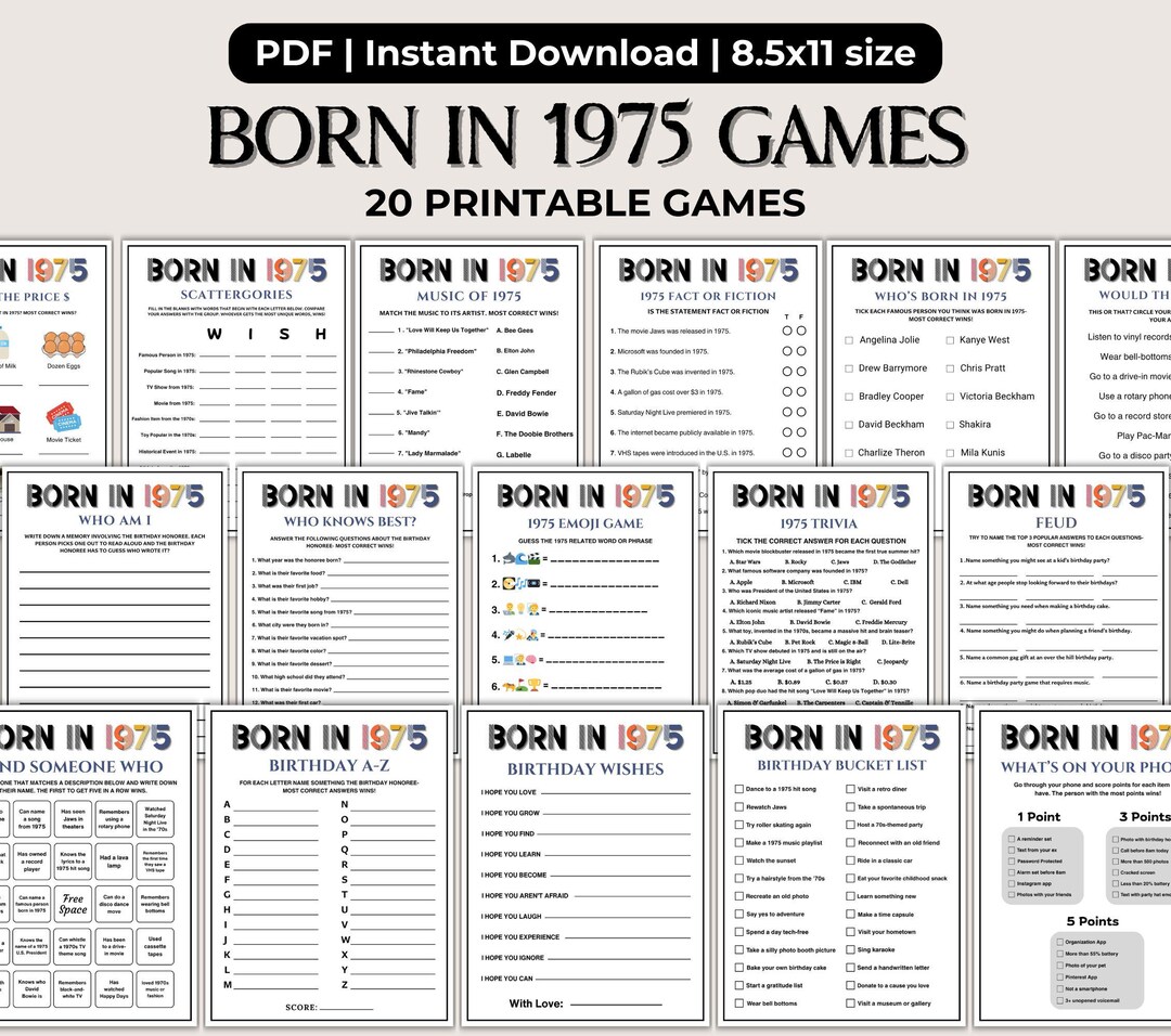 1975 Birthday Party Games Bundle Printable, 50th Birthday Games, Born ...