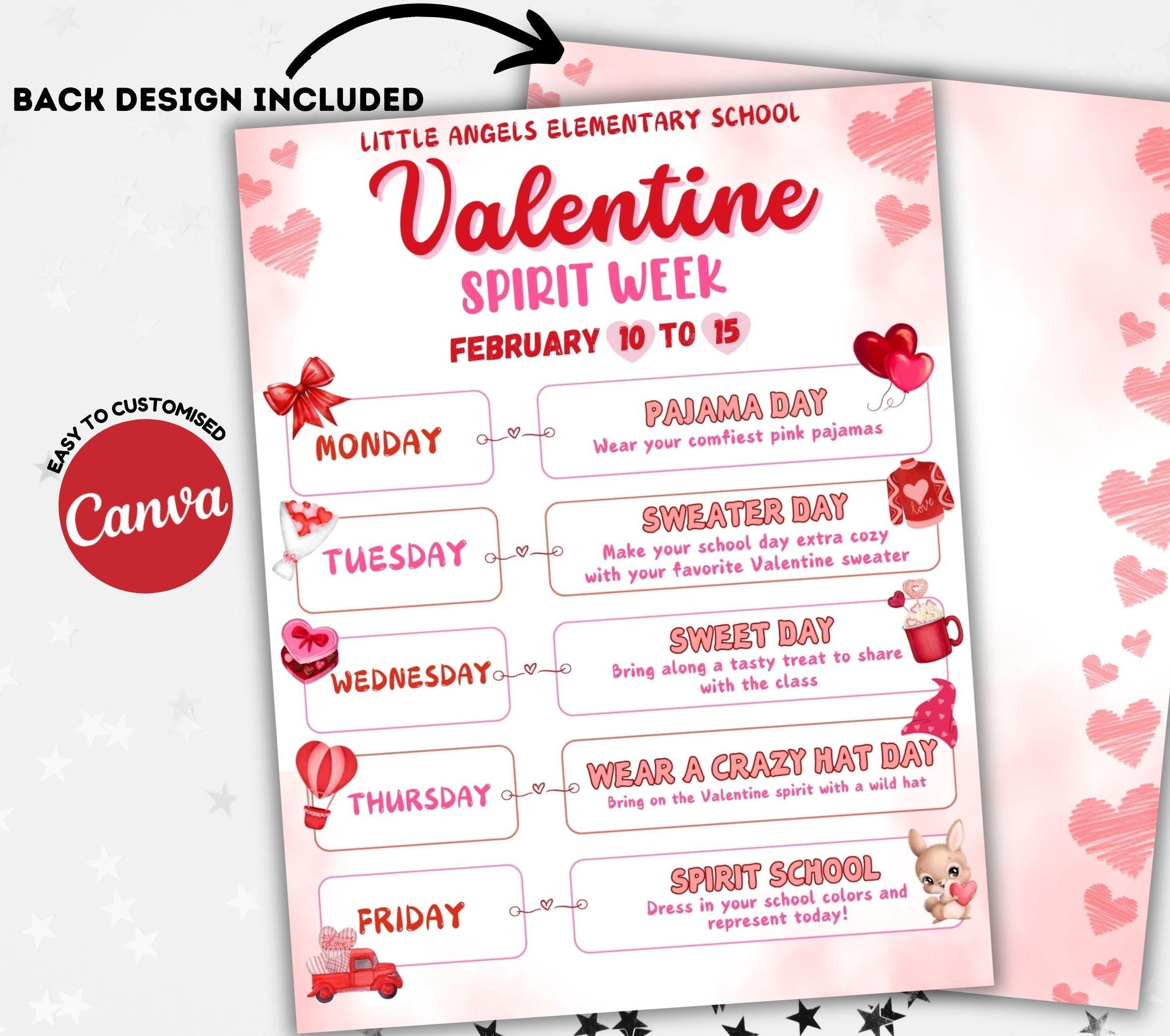 Editable Valentine's School Spirit Week Flyer, PTO Schedule, February ...