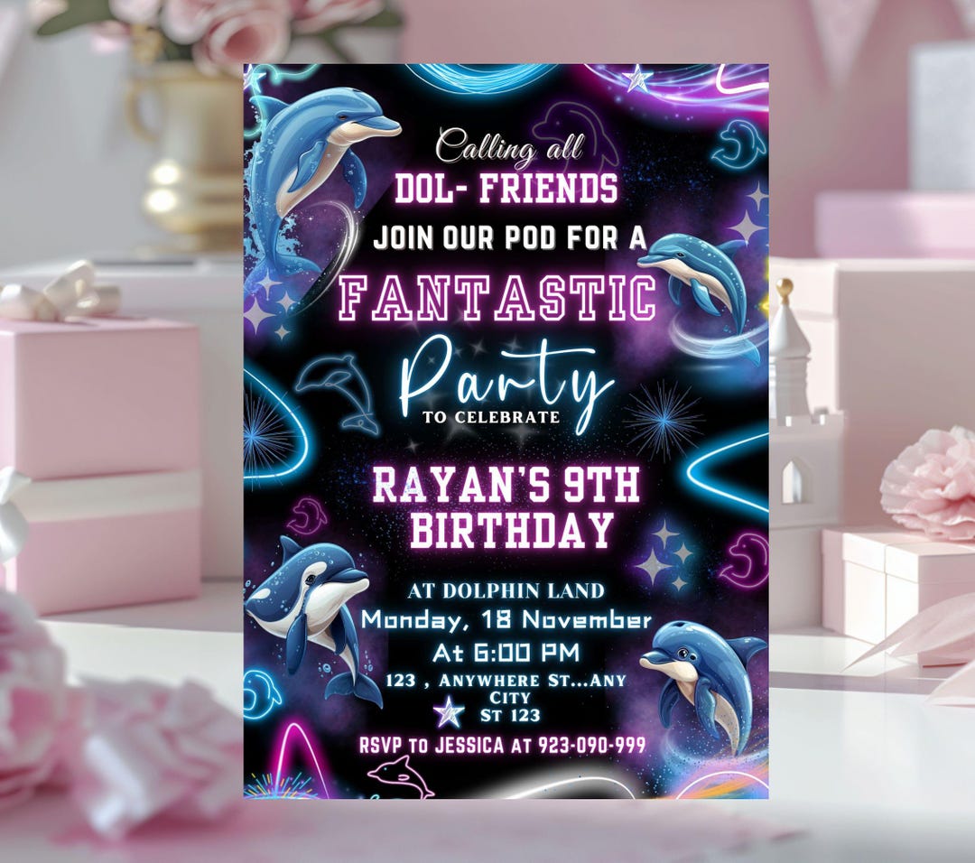 Dolphin Birthday Party Invitation Editable, Neon Glow Dolphin Party ...