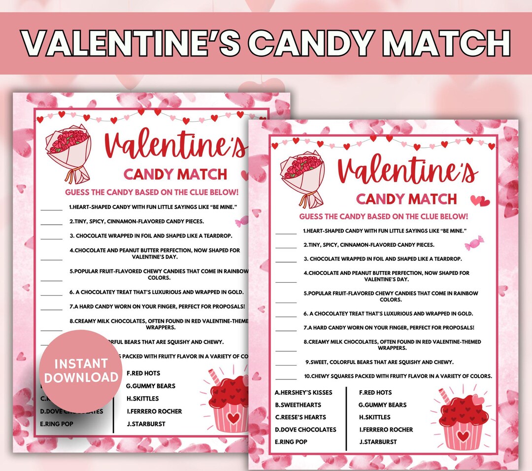 Valentine's Candy Trivia Game, Valentines Candy Match Game, Printable ...