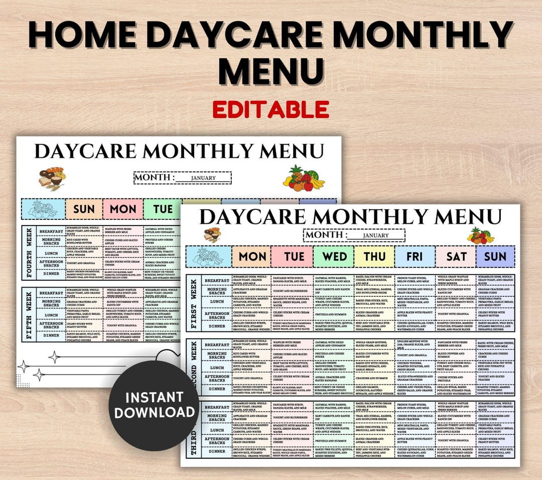 Editable Home School Meal Planner, Home Daycare Weekly Menu Editable ...