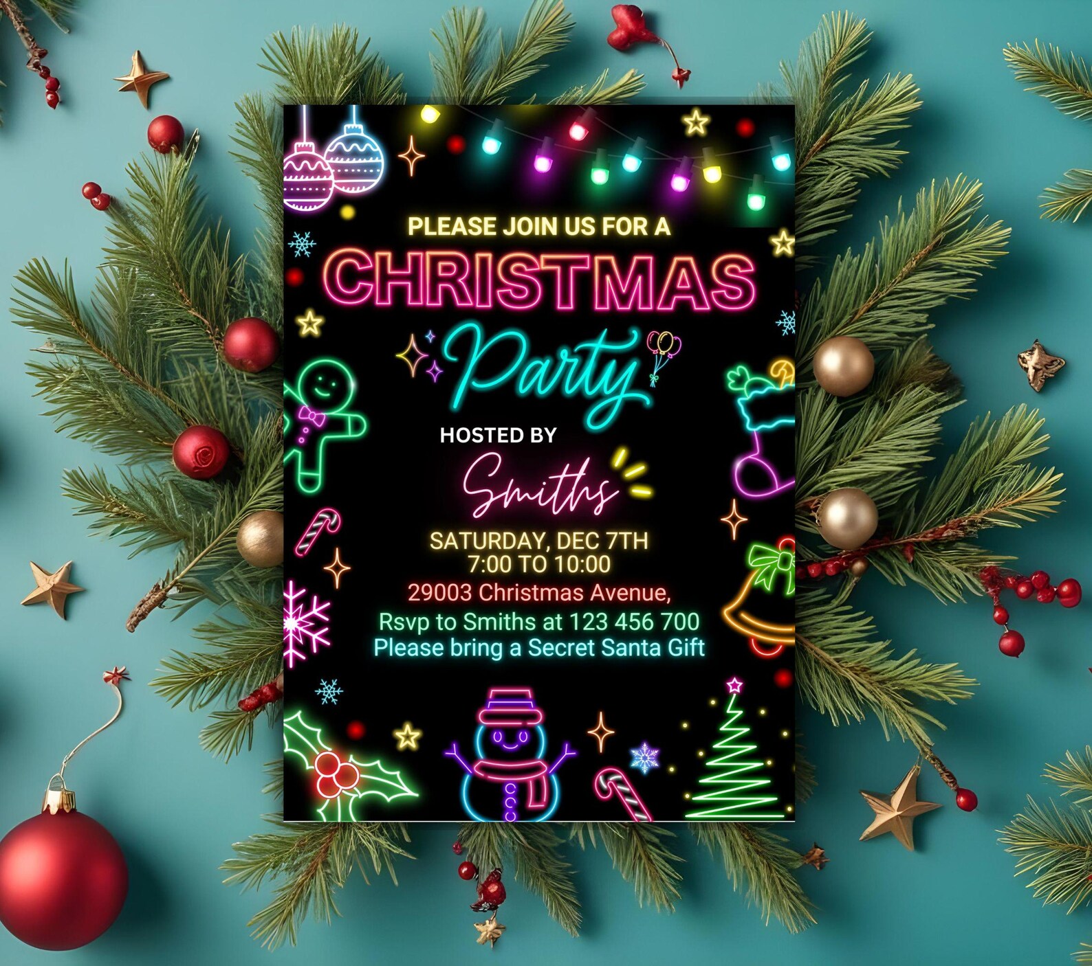 Editable Neon Christmas Party Invitation Template, Glow in the Dark ...