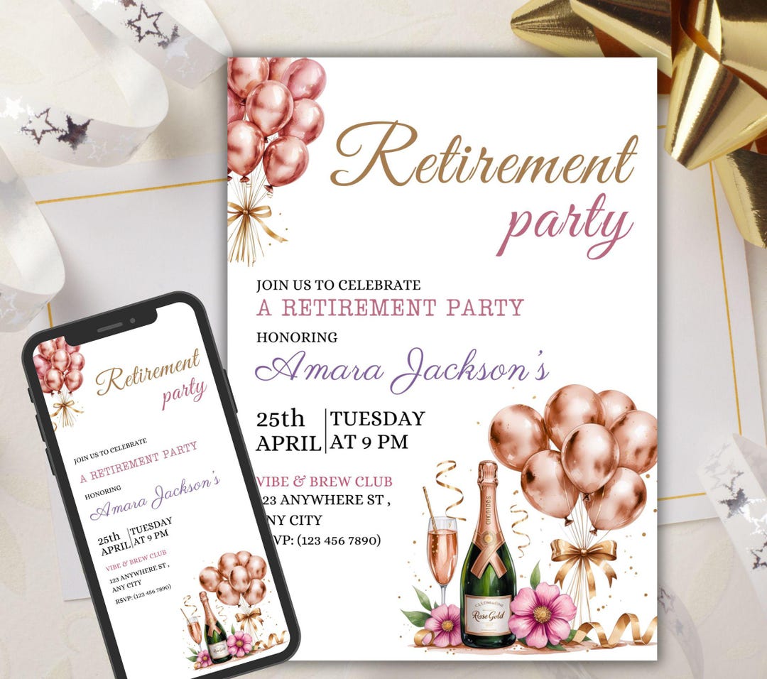 Editable Champagne Retirement Party Invitation Template, Elegant ...