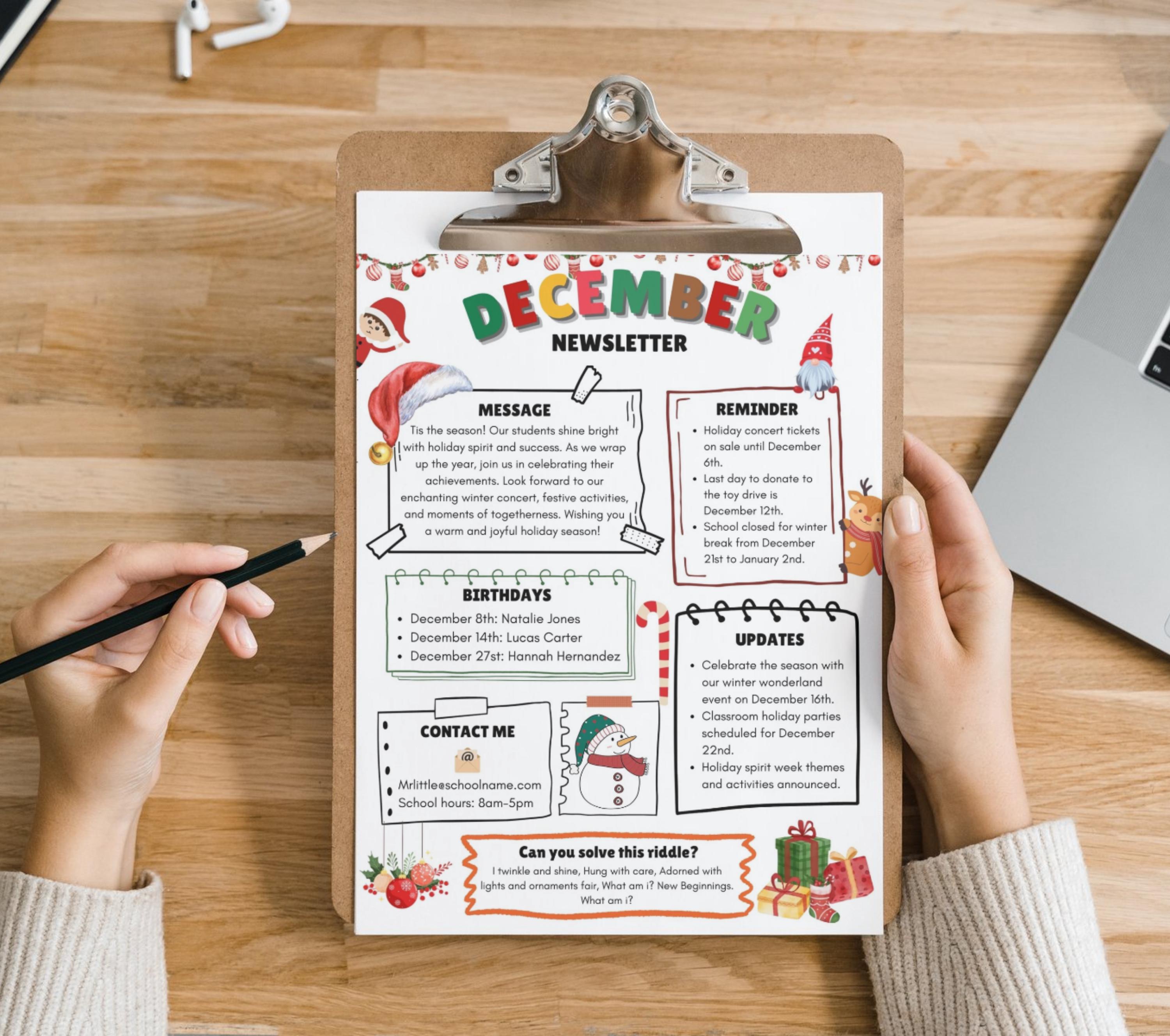 December Monthly Newsletter Template, Back to School, Weekly Classroom ...