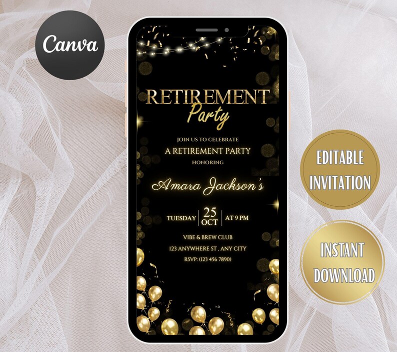 Editable Retirement Party Invitation Template, Retirement Dinner Elegant Black White Gold ...