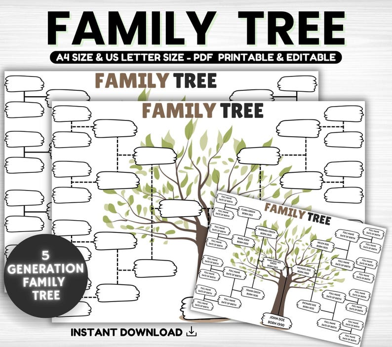 Family Tree Template 5 Generation Editable, Family Tree Chart ...