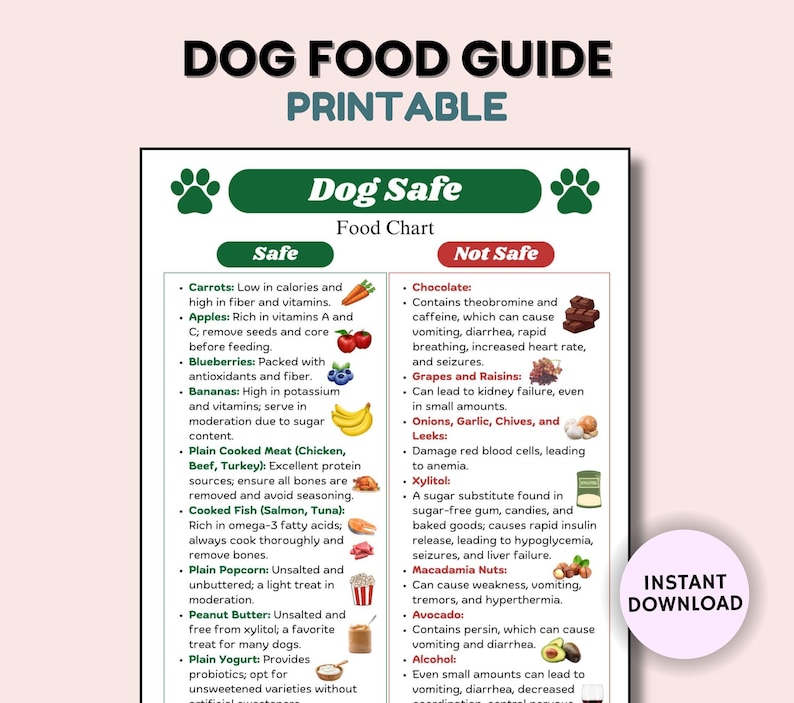 Dog Food Guide, Printable Safe Dog Food Dogs to Eat, Dog Dietary Chart ...
