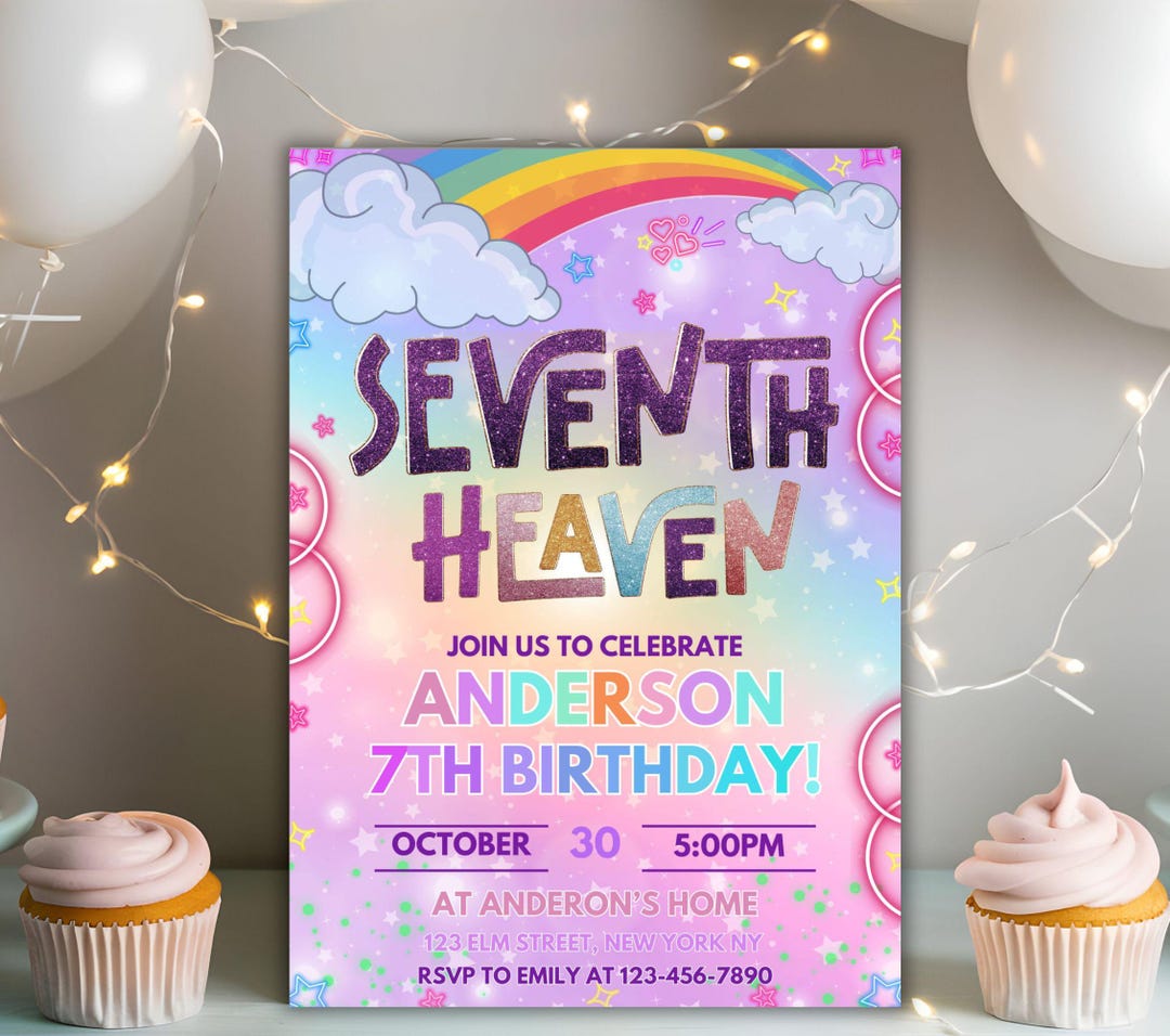 Editable 7th Heaven Rainbow Birthday Party Invitation, Pastel Glitter ...
