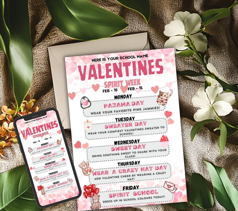 Editable Valentine's School Spirit Week Flyer, PTO Schedule, February ...