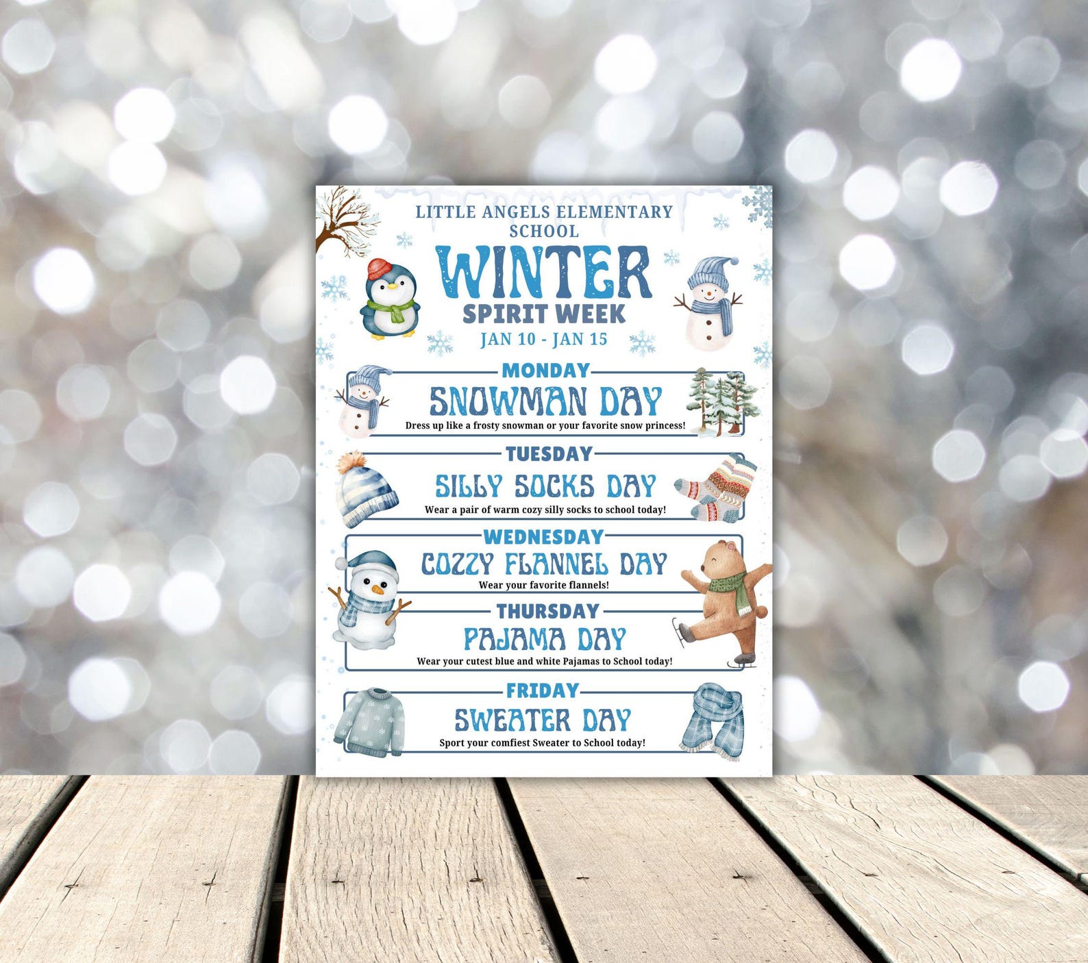 Winter School Spirit Week Flyer Editable, Winter Itinerary Schedule ...