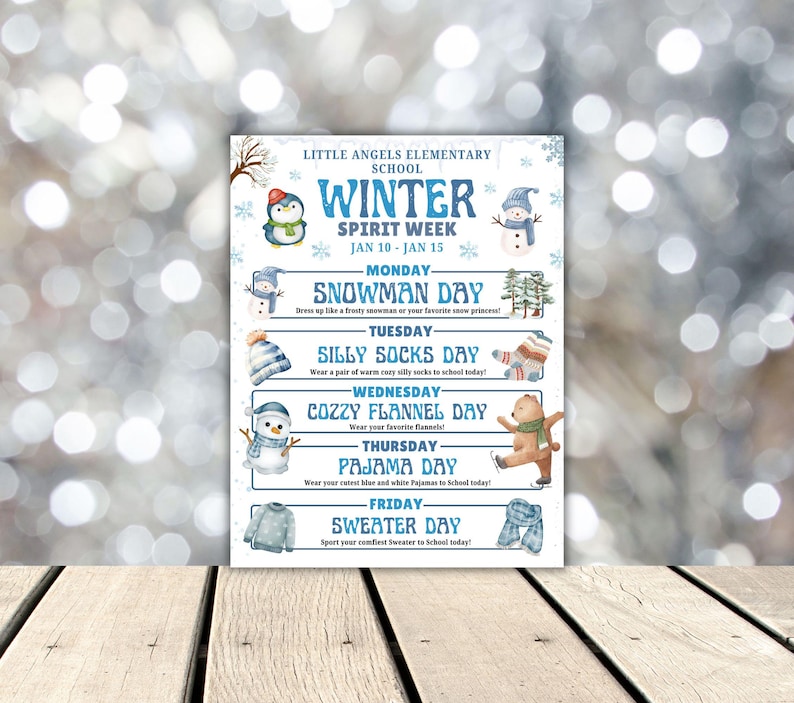 Winter School Spirit Week Flyer Editable, Winter Itinerary Schedule ...