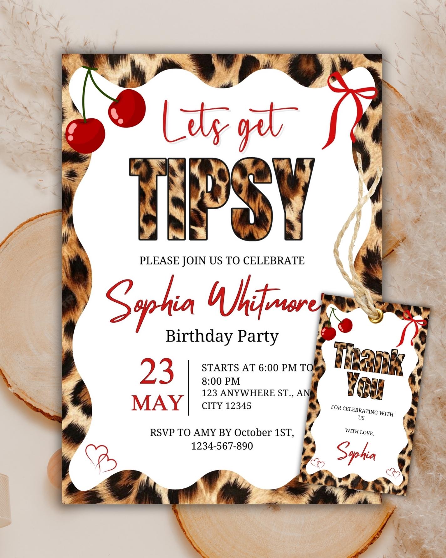 Let's Get Tipsy Birthday Invitation, Editable Cheetah Print Birthday ...