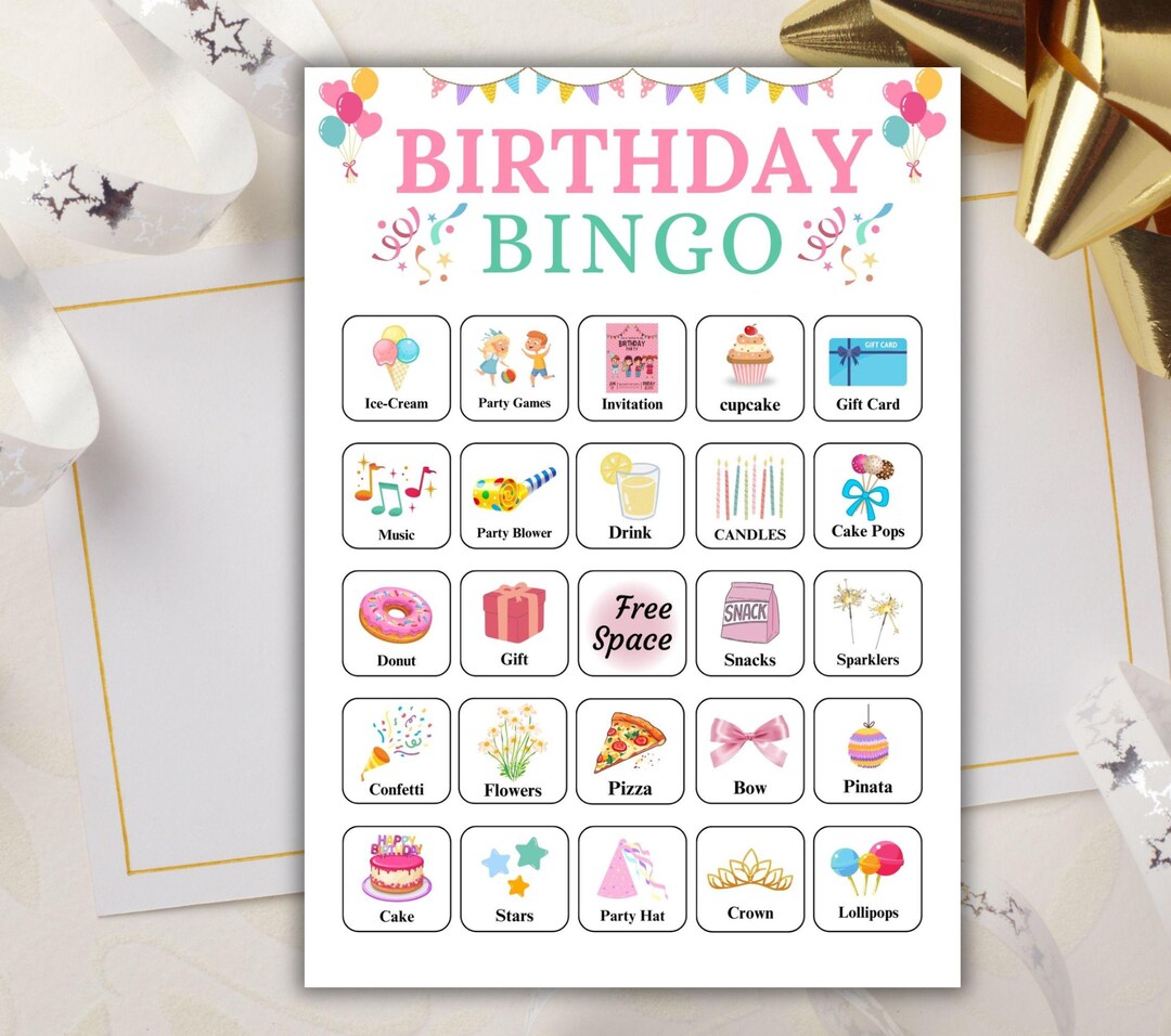 Birthday Bingo Cards Printable Game, Pastel Kids Birthday Bingo Boards Party Game, Girls ...