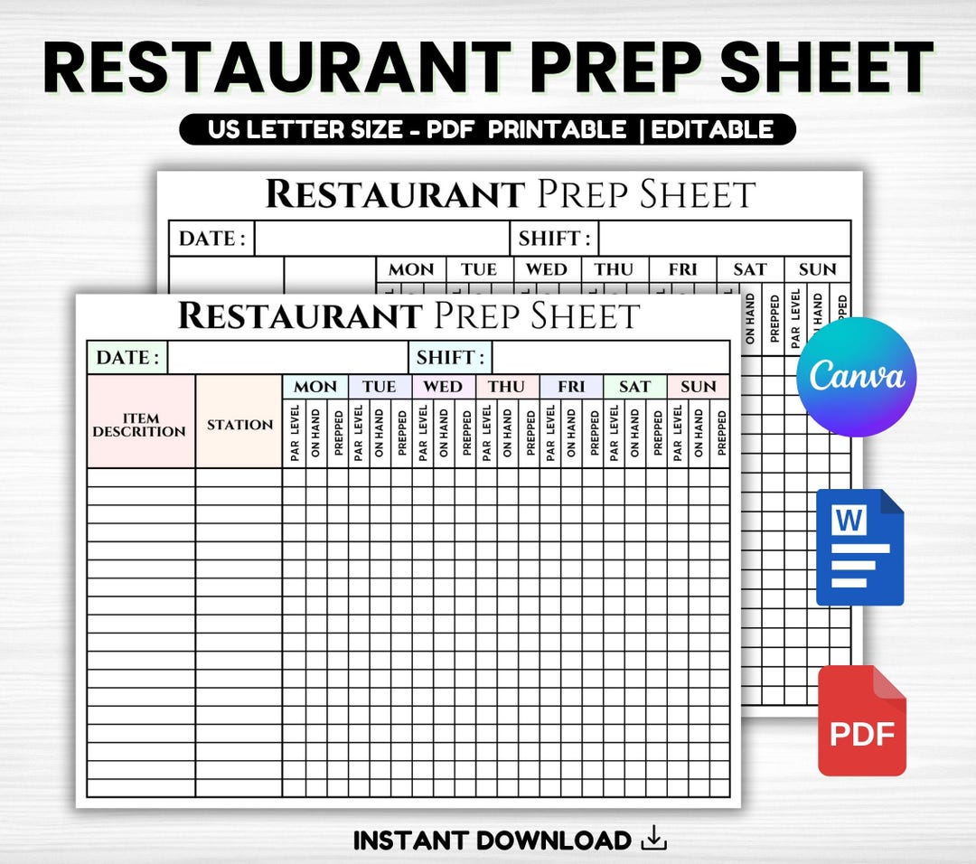 Edittable Restaurant Prep Sheet, Food Prep Chart, Food Prep Sheet ...