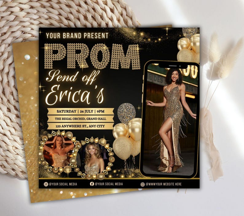 Elegant Black Gold Prom Send off Invitation Flyer, Editable Minimalist ...