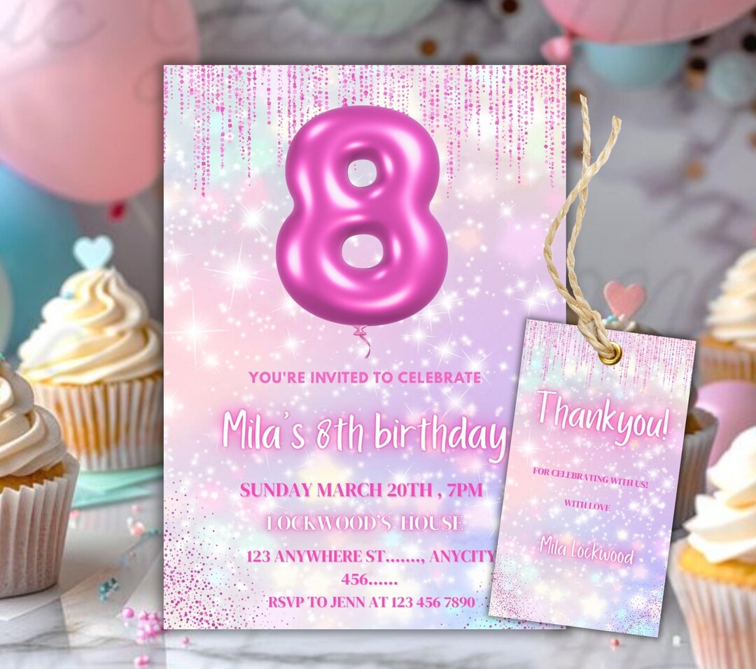 Editable Pink 8th Birthday Invitation Template, Glitter Birthday Party ...