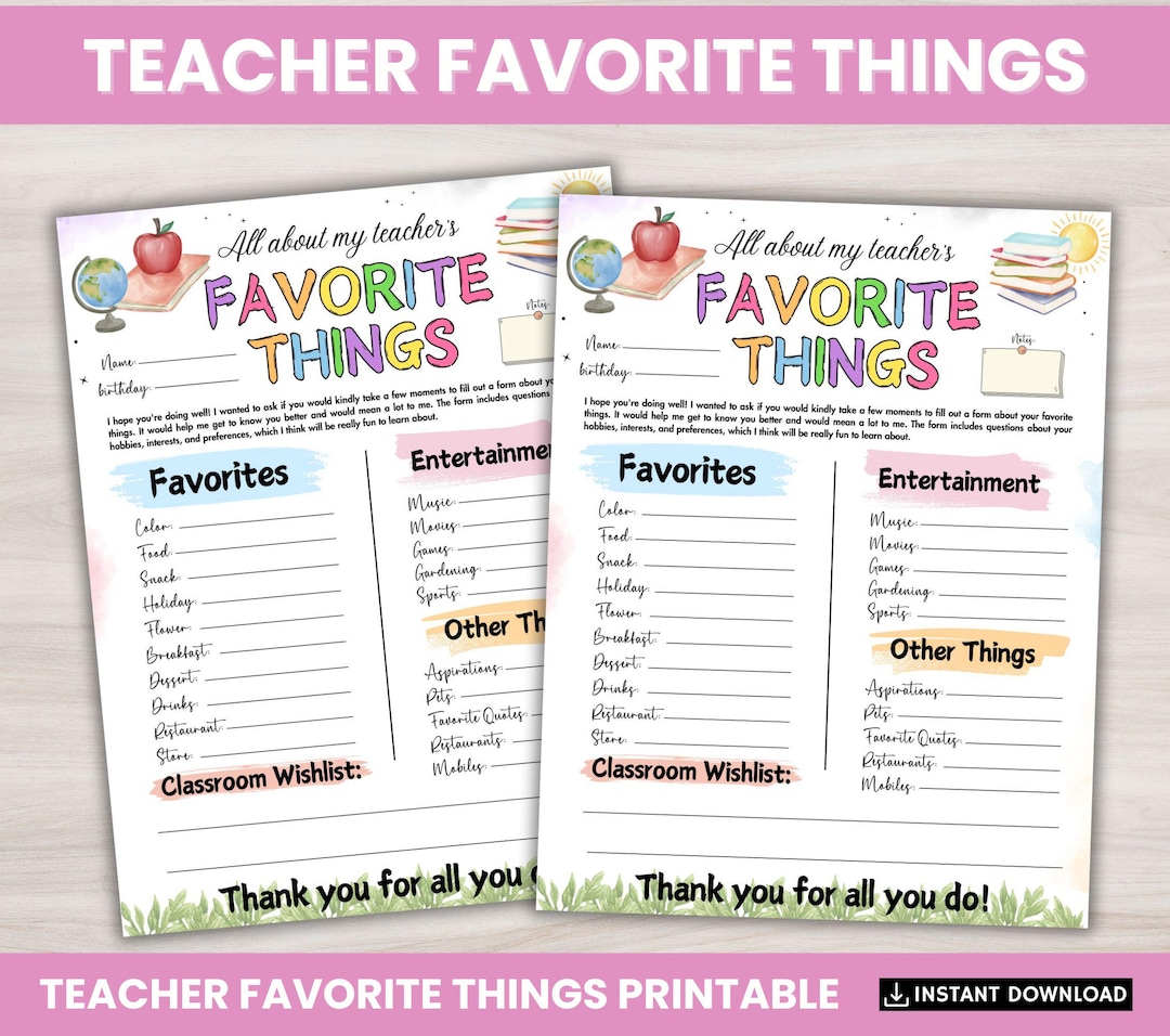 Teacher Favorite Things Questionnaire, Printable Teacher Survey ...
