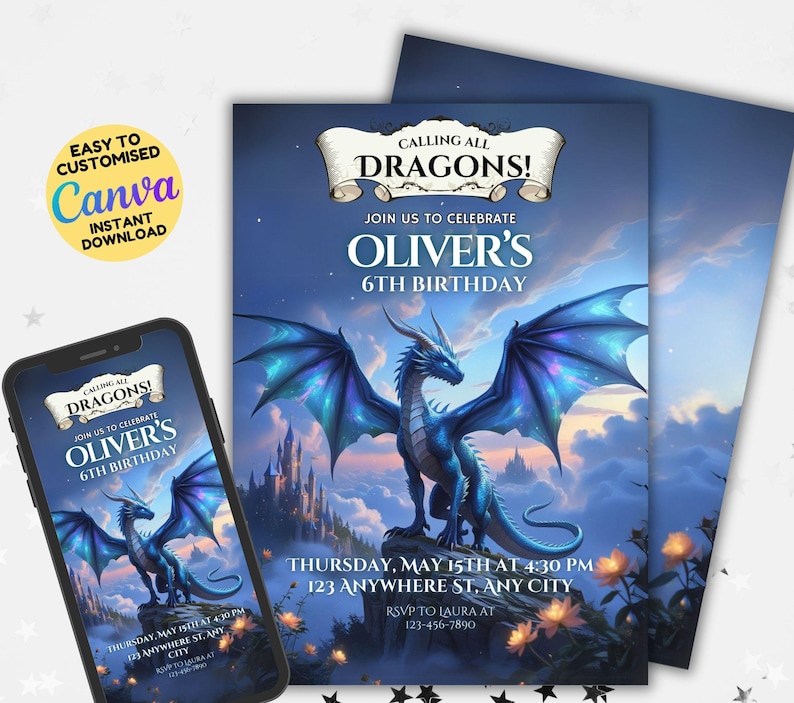 Editable Fantasy Dragon Birthday Invitation Template, Girl Dragon ...