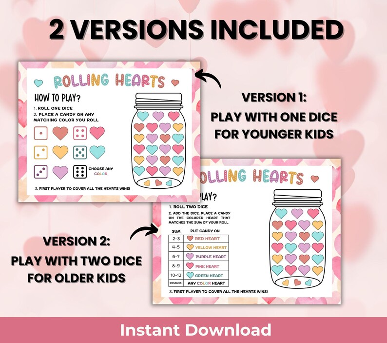 Valentine's Day Candy Game Printable, Rolling Hearts Valentine Games ...