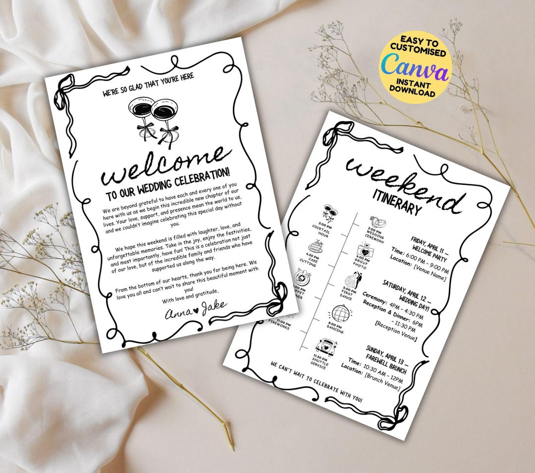 Editable Wedding Welcome Bag Letter & Timeline Template, Hand Drawn ...