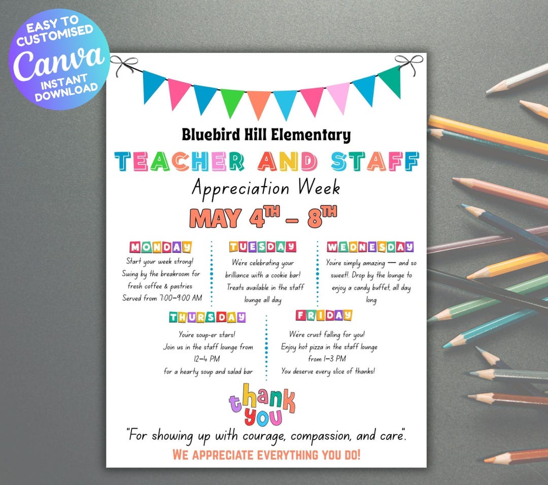 Editable Colorful Teacher Appreciation Week Itinerary Poster Template ...