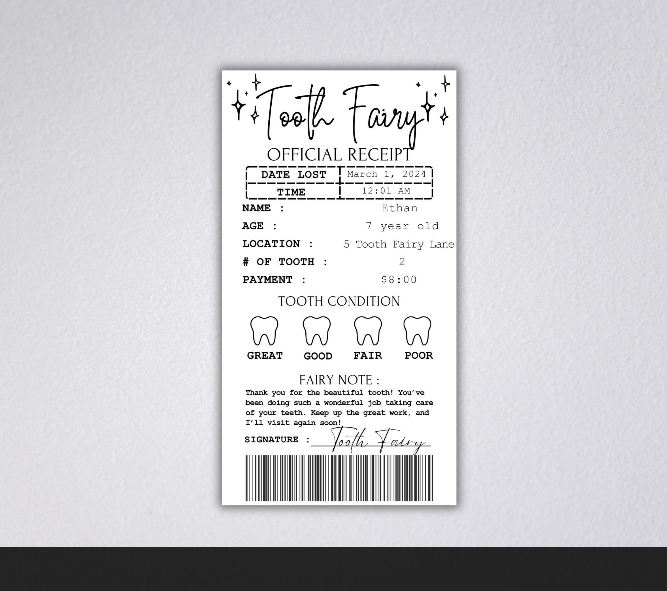Editable Tooth Fairy Receipt Printable Certificate, First Tooth Lost ...