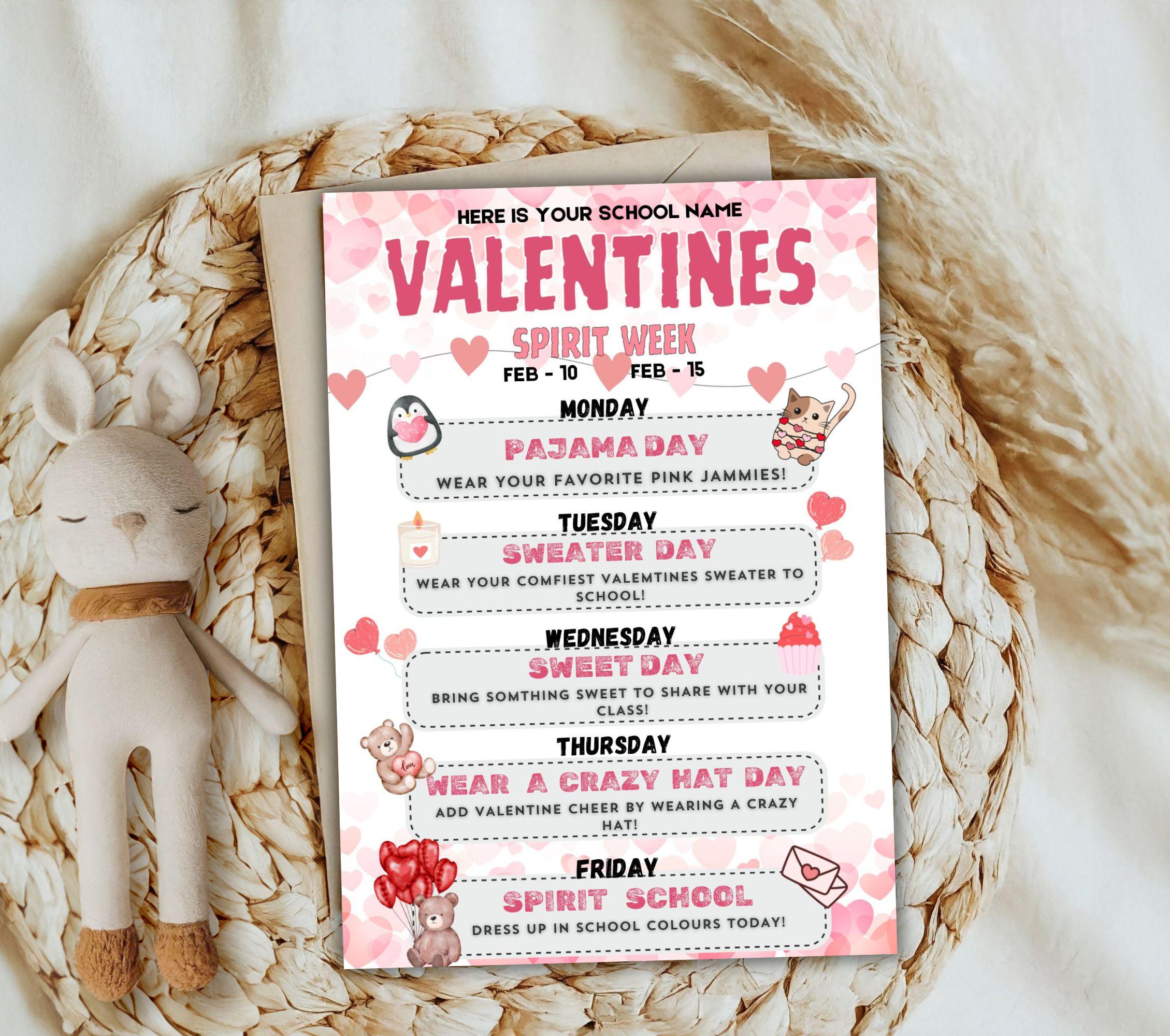 Editable Valentine's School Spirit Week Flyer, PTO Schedule, February ...