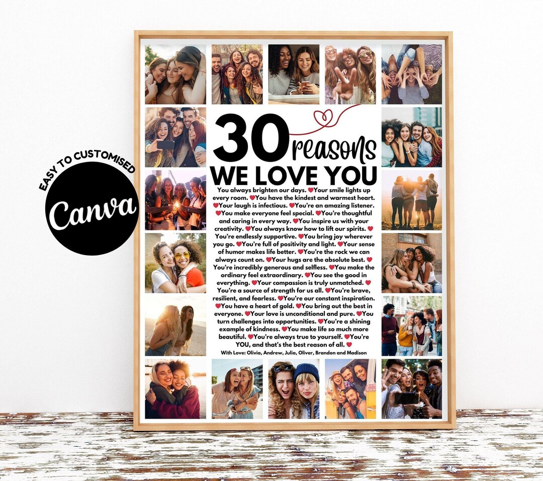 30 Reasons We Love You Poster With Pictures Template, Editable 30th ...