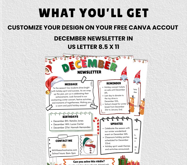 December Monthly Newsletter Template, Back to School, Weekly Classroom ...