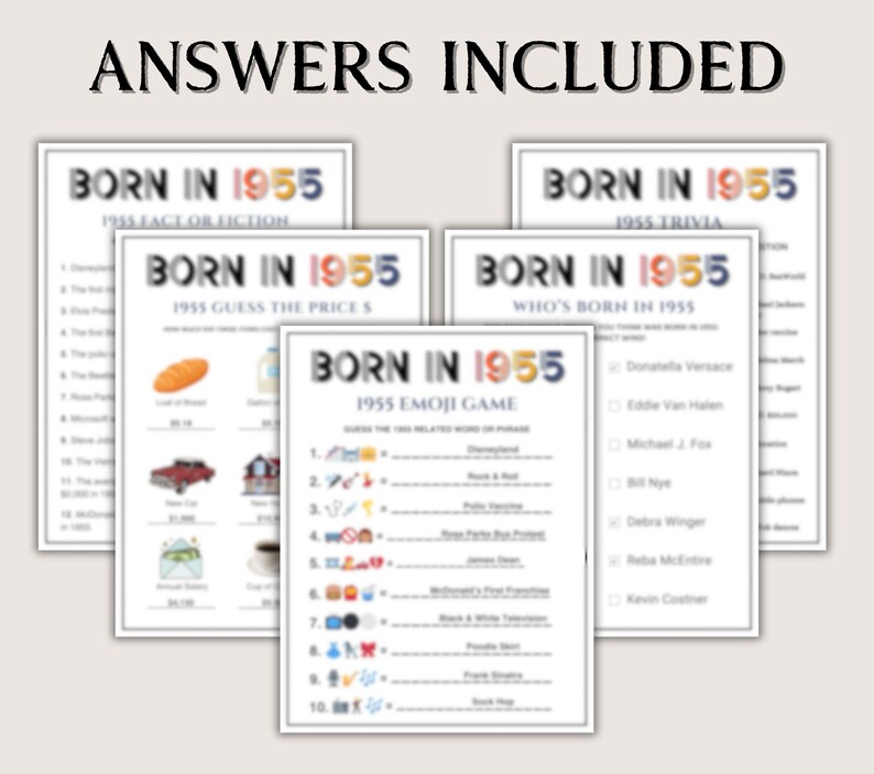 1955 Birthday Party Games Bundle, Printable Trivia (PDF Download) - Etsy