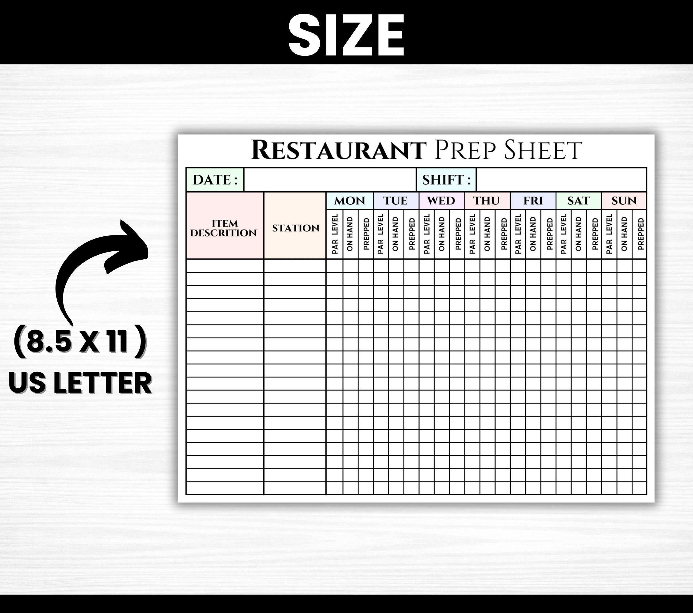 Restaurant Prep Sheet Printable, Food Prep Chart, Food Prep Sheet, Restaurant Opening, BOH ...