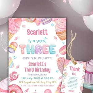 Editable Sweet Three Birthday Invitation, Sweet Three Invitation, Three ...
