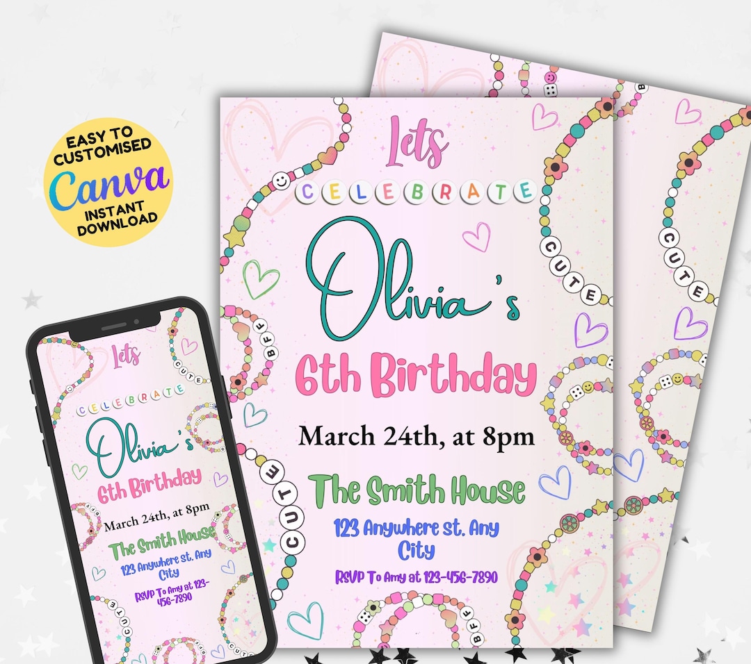 Editable Friendship Bracelet Invitation Template , Girl Birthday Bead ...
