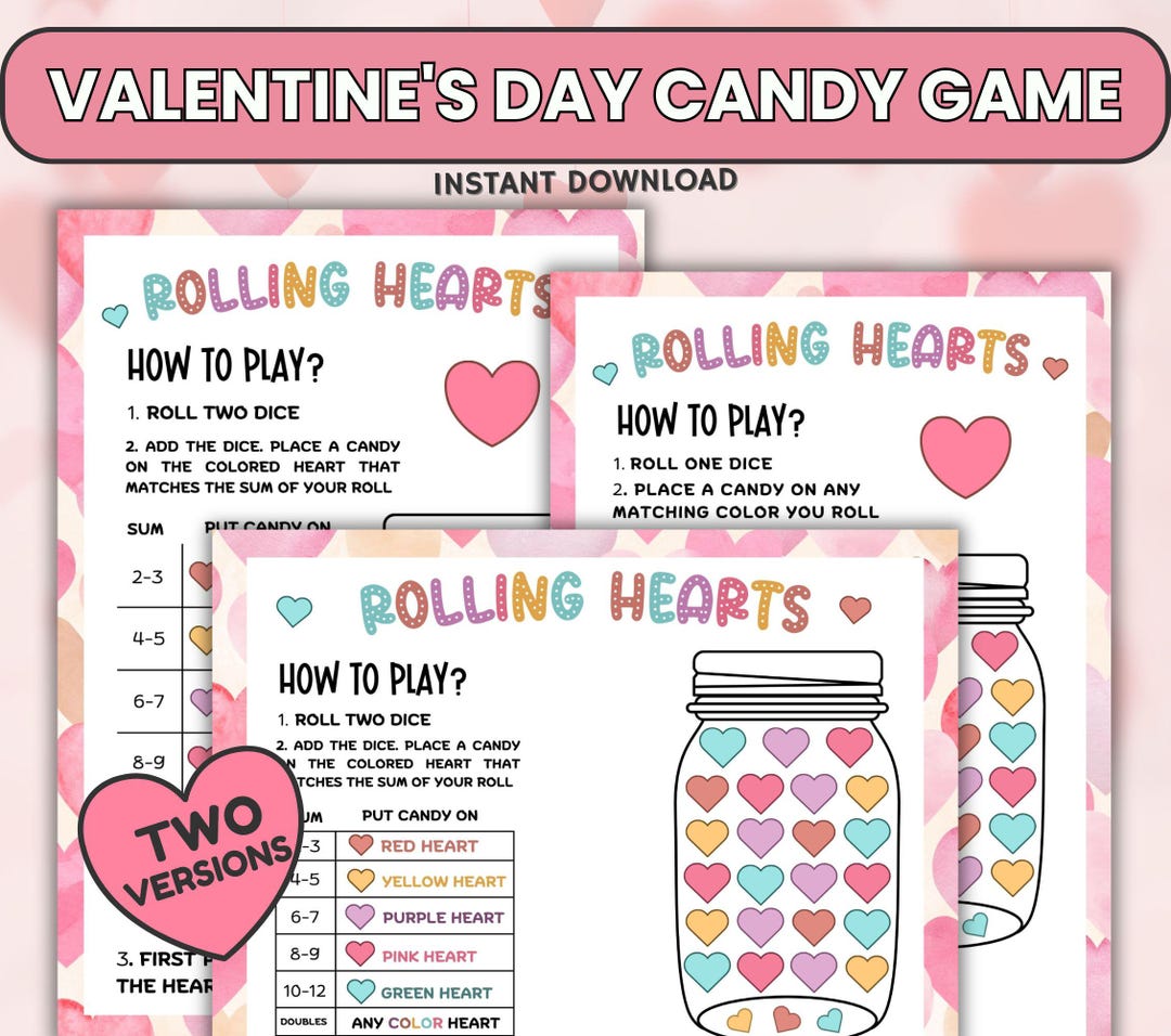 Valentine's Day Candy Game Printable, Rolling Hearts Valentine Games ...